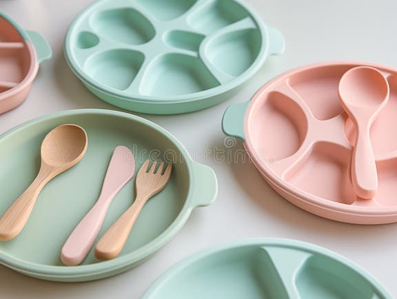 Pastel-colored Divided Plates with Matching Utensils Stock Image ...