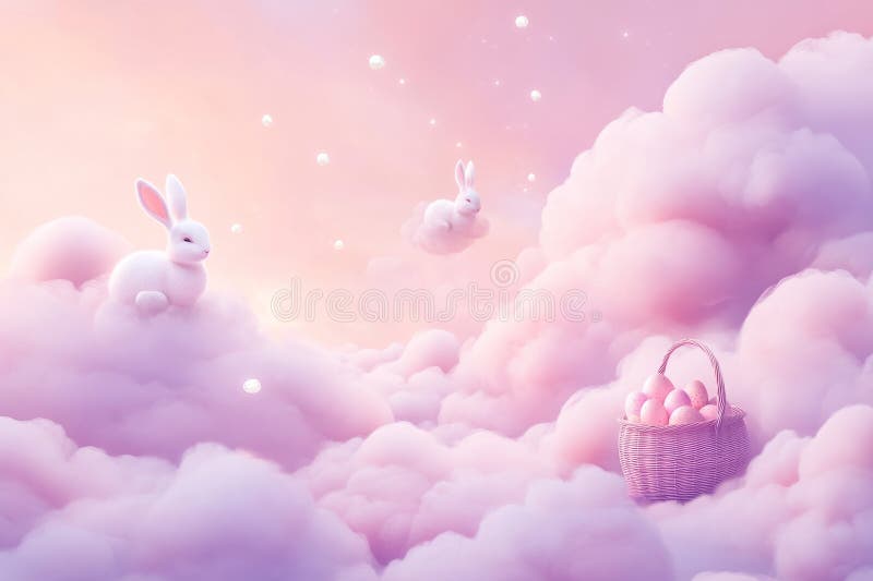 A Pastel-colored Dreamscape Where an Easter Bunny Floats through Fluffy Pink Clouds, Placing ...