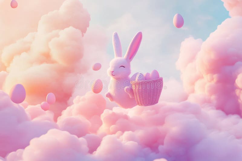 Pastel Colored Dreamscape Where Easter Bunny Floats Fluffy Pink Clouds Placing Stock Photos ...