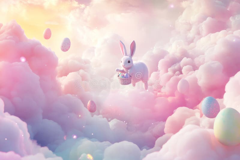 A Pastel-colored Dreamscape Where an Easter Bunny Floats through Fluffy Pink Clouds, Placing ...