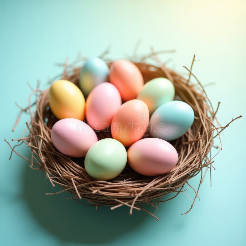 Pastel-colored Easter Eggs in a Nest on a Solid Blue Background. Stock ...