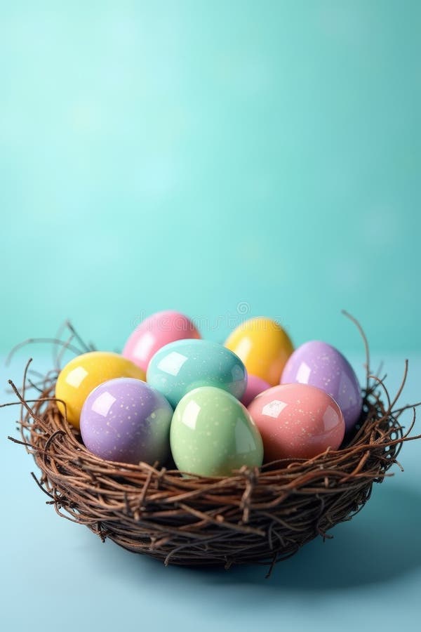 Pastel-colored Easter Eggs in a Nest on a Solid Blue Background. Stock ...