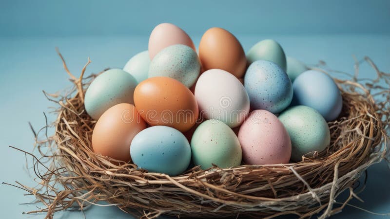 Pastel-colored Easter Eggs in a Nest on a Solid Blue Background. Stock ...