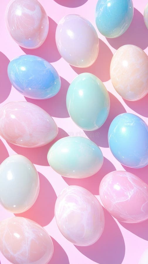 Pastel-colored Easter Eggs on Pink Background in Soft Sunlight. Happy ...