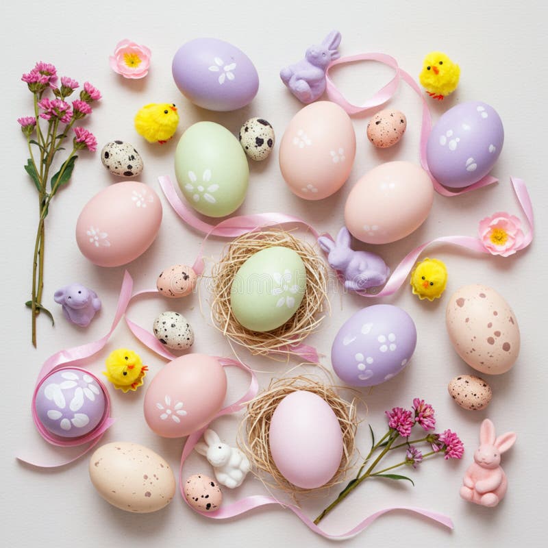 Pastel-colored Easter Eggs with White Floral Patterns are Arranged on a ...