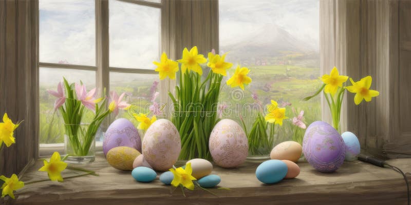 AI Generated Image of Pastel Colored Easter Eggs in a Window Sill with ...