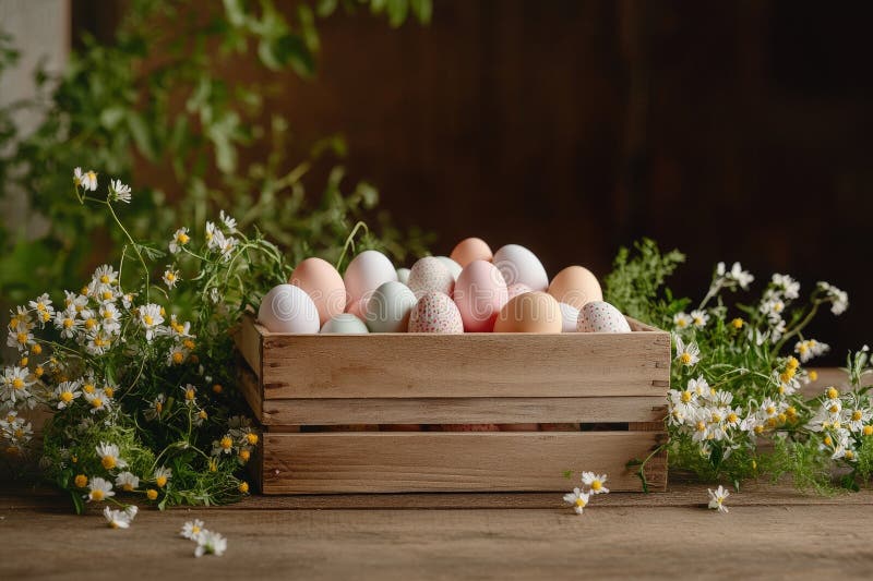 Pastel-colored Easter Eggs in Wooden Crate Surrounded by Wildflowers Stock Illustration ...