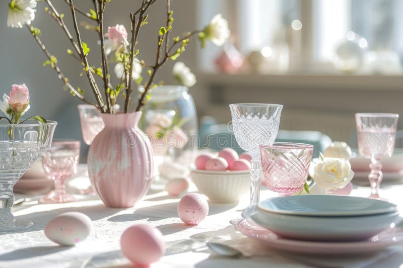 Pastel Colored Easter Table Setting with Delicate Glassware. Table ...