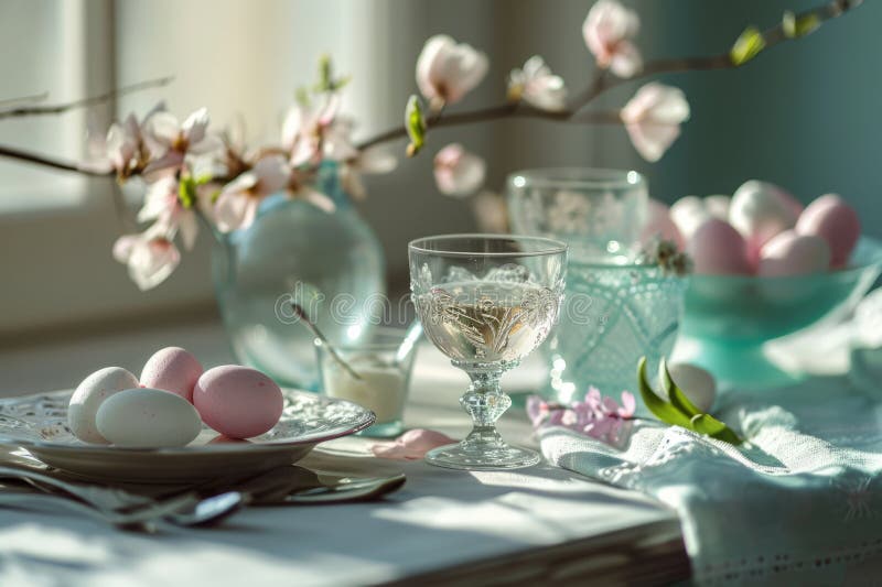 Pastel Colored Easter Table Setting with Delicate Glassware. Table ...