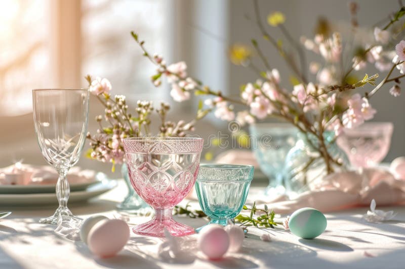 Pastel Colored Easter Table Setting with Delicate Glassware. Table ...