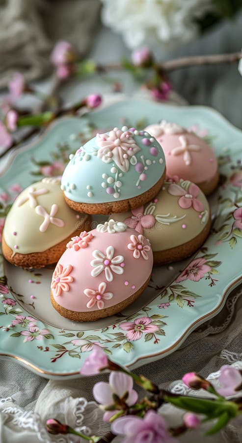 Pastel Colored Egg Shaped Cookies on a Floral Plate Stock Image - Image ...