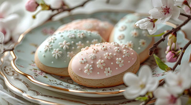 Pastel Colored Egg Shaped Cookies on a Floral Plate Stock Photo - Image ...