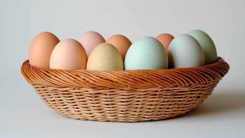 Pastel-colored Eggs in a Wicker Basket Stock Image - Image of colorful ...