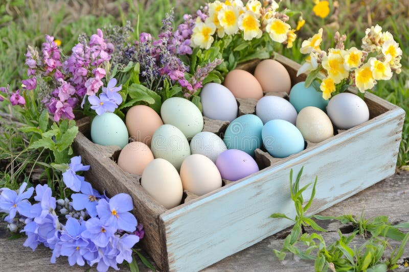 Pastel Colored Eggs Wooden Box Flowers Rustic Background Stock Photos ...