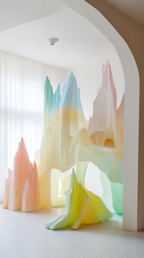Pastel Colored Fabric Formations Resembling Mountains in a Bright White ...