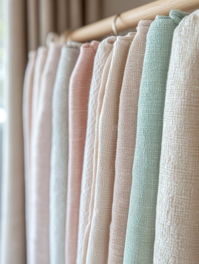 Pastel Colored Fabric Samples Hanging in a Row. Stock Image - Image of ...