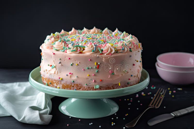 Pastel-colored Frosting on Pink Cake with Sprinkles Stock Illustration ...