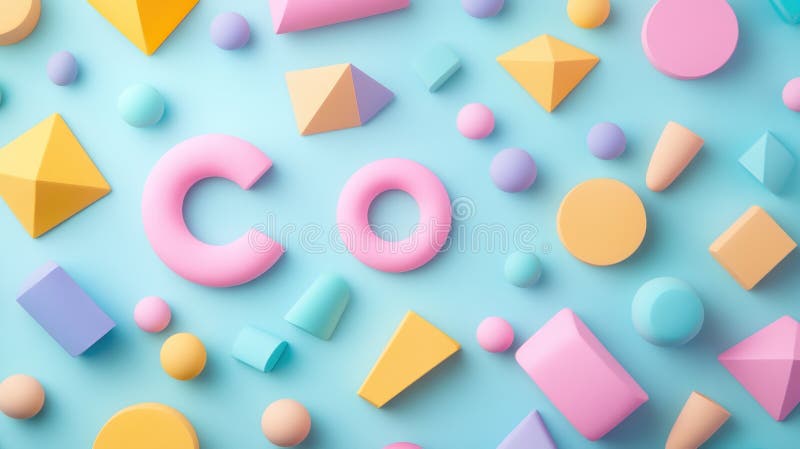 Pastel-colored Geometric Shapes and Letters CO on Blue Background Stock ...