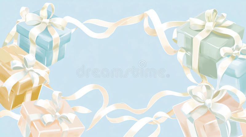 Pastel Colored Gift Boxes with White Ribbons Floating on Light Blue ...