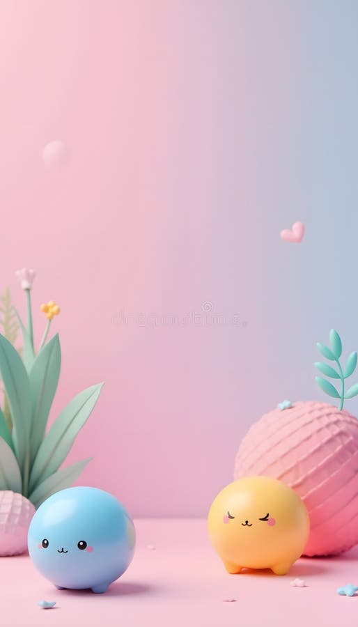 Pastel Colored Kawaii Characters with Plants on a Pink Background, Fun ...