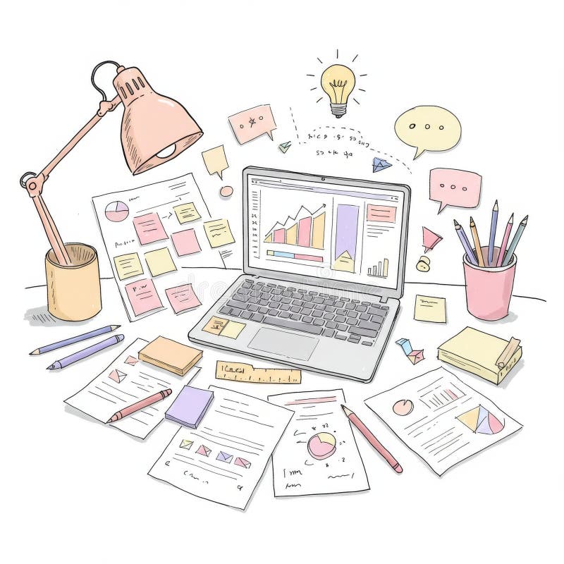 Pastel Colored Laptop Workspace with Charts and Notes Stock ...