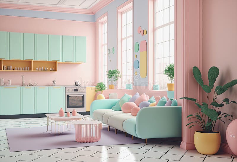 Pastel Colored Living Room, Ai Generative Illustration Stock ...