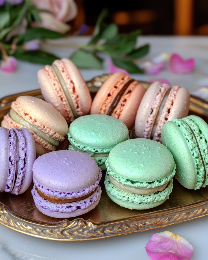 Pastel-colored Macarons on a Gold Tray Stock Illustration ...