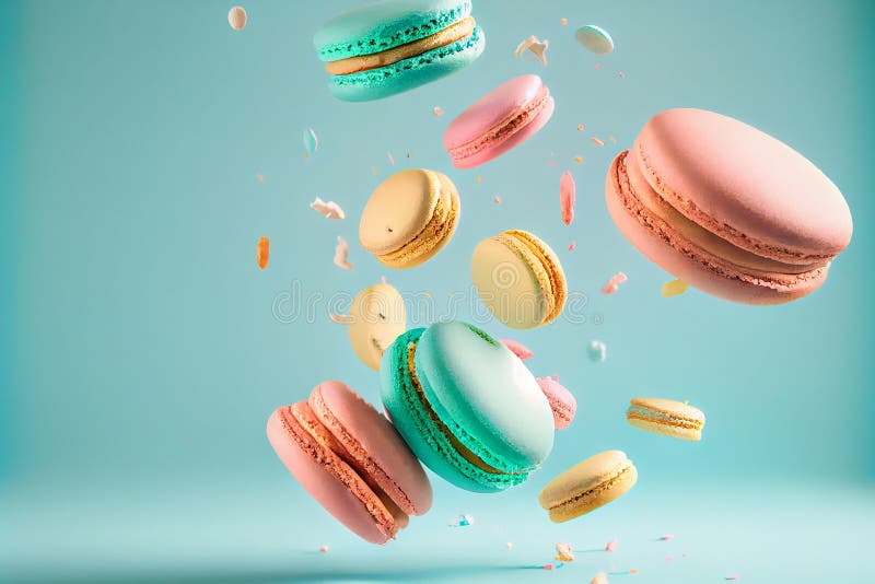 Pastel Colored Macarons in Motion Falling on Light Pink. Illustration ...