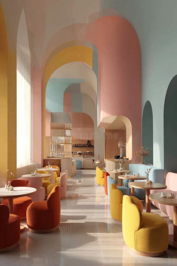 Pastel-Colored Modern Restaurant Interior Design Stock Illustration ...