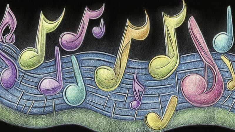 Pastel Colored Musical Notes on a Flowing Staff Line Stock Illustration ...