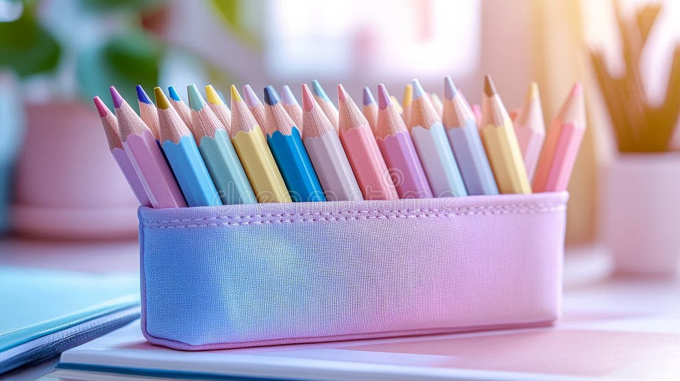 A Pastel-colored Pencil Case Filled with Colored Pencils. Stock Photo ...