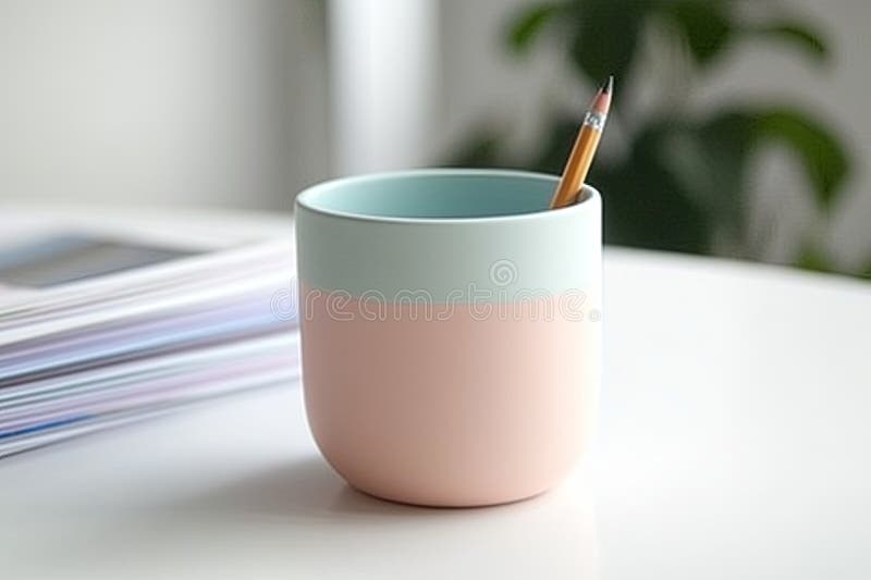 A Pastel-colored Pencil Cup Styled on a Smooth White Desk. Picture ...