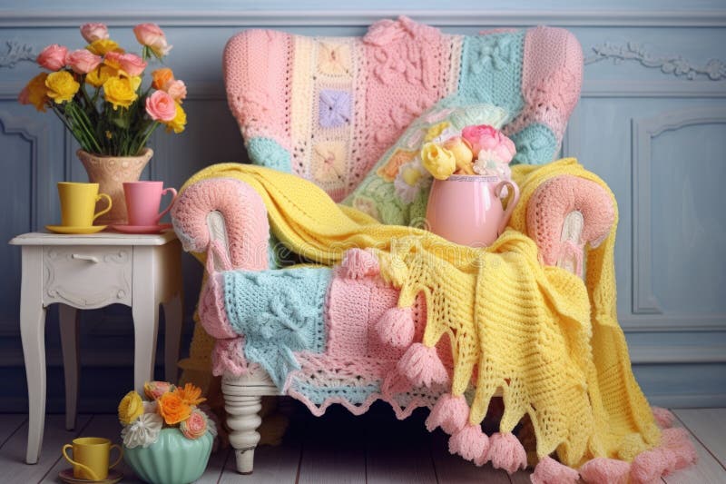 A Pastel-colored Shabby Chic Armchair with a Crochet Throw Stock Image ...