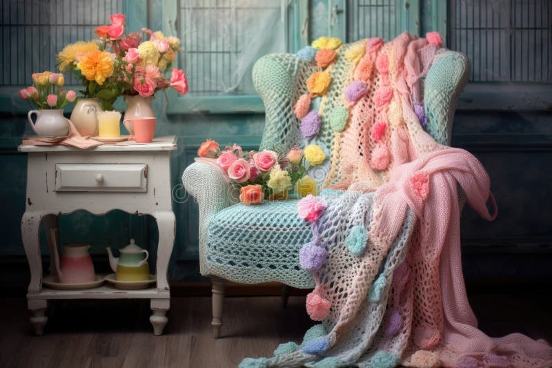 A Pastel-colored Shabby Chic Armchair with a Crochet Throw Stock Photo ...