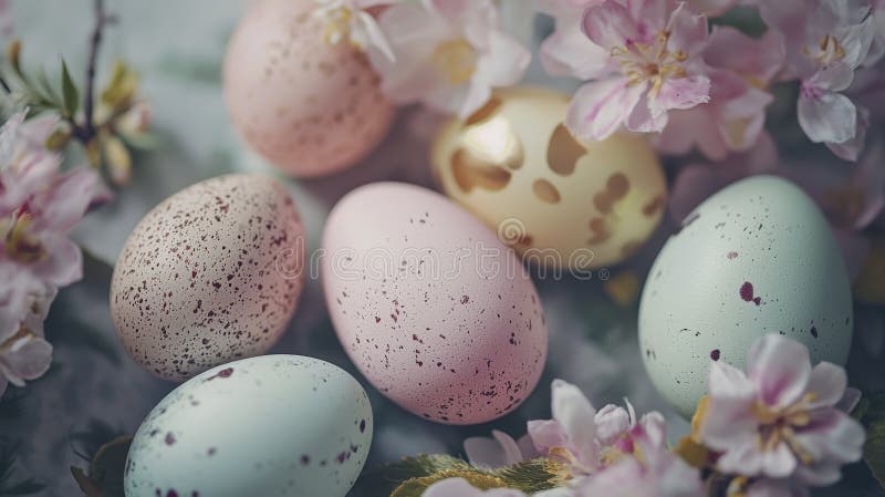 Pastel and Speckled Eggs with Cherry Blossoms Nearby Stock Illustration ...