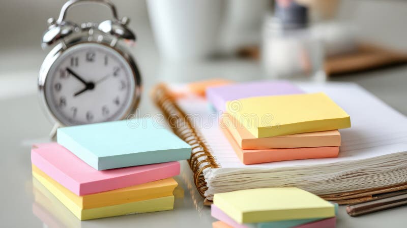 Pastel Sticky Notes and Alarm Clock on Desk Stock Illustration ...