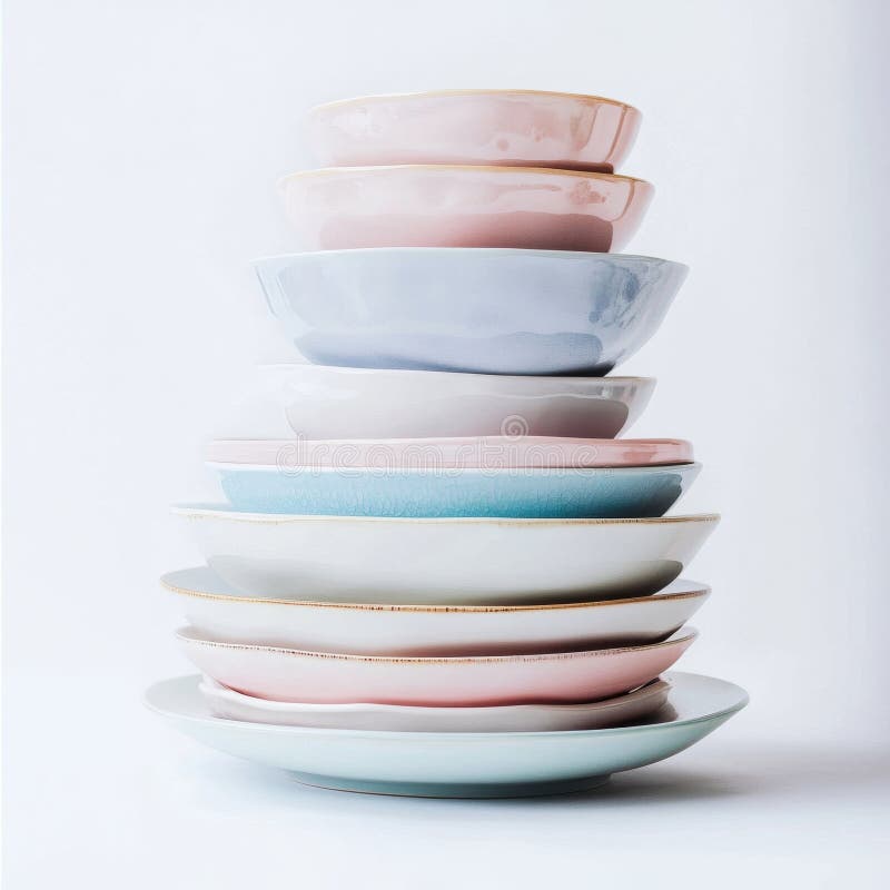 The Pastel-colored Tableware, Comprising Bowls and Plates, is Stacked ...