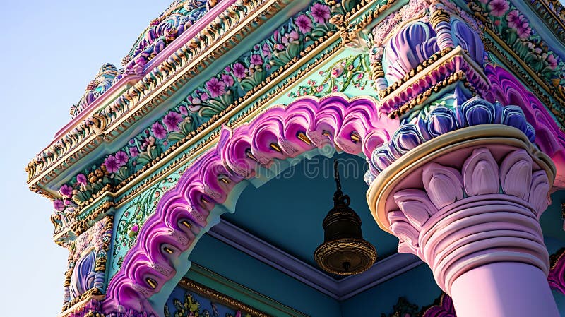 Pastel Colored Temple Arches and Bell Stock Illustration - Illustration ...