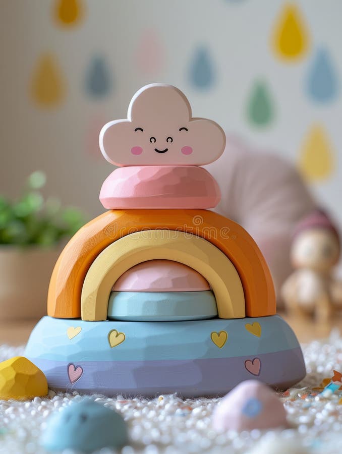 Pastel-colored Wooden Stacking Toy with Rainbow and Cloud Design. Stock ...
