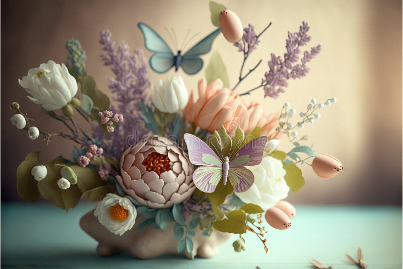 Pastel Coloured Easter Theme with Flowers and Butterflies. Stock ...