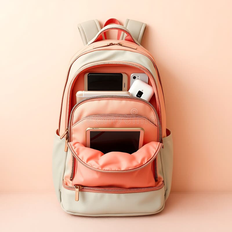 A Pastel Coral Backpack with Tech Compartments on a Soft Beige Wall ...