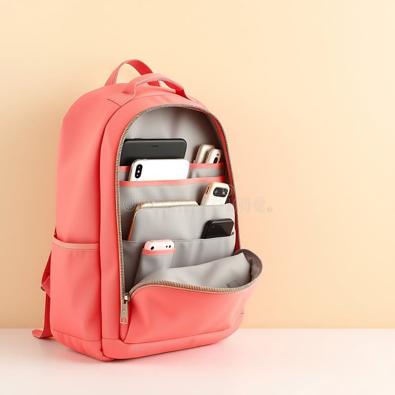 A Pastel Coral Backpack with Tech Compartments on a Soft Beige Wall ...