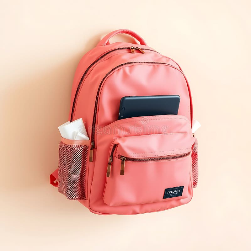A Pastel Coral Backpack with Tech Compartments on a Soft Beige Wall ...