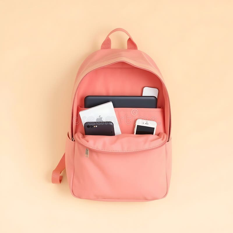 A Pastel Coral Backpack with Tech Compartments on a Soft Beige Wall ...