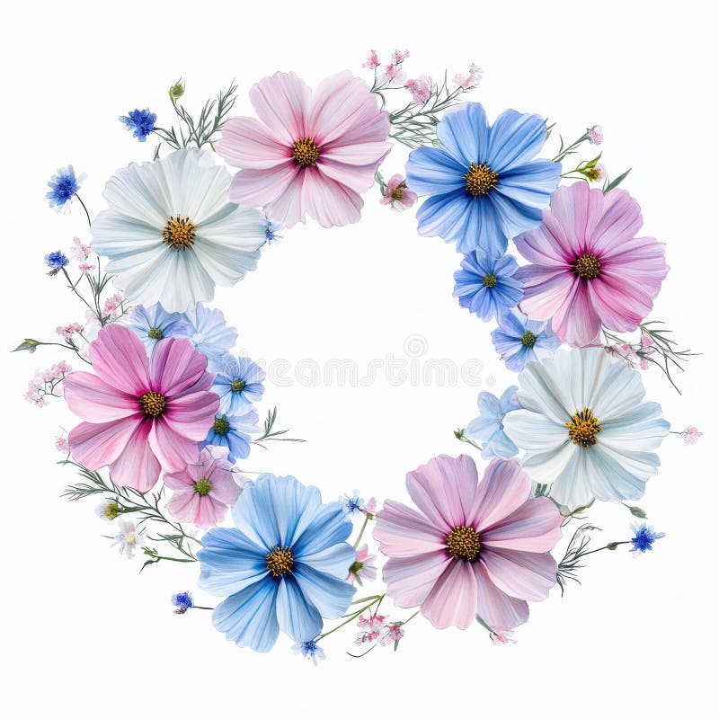 Pastel Cosmos Flower Wreath Botanical Design Spring Floral Frame Stock ...