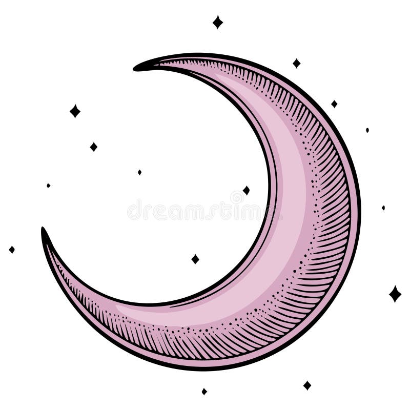 Pastel Crescent Moon with Stars in a Vintage Hand Drawn Style Stock ...