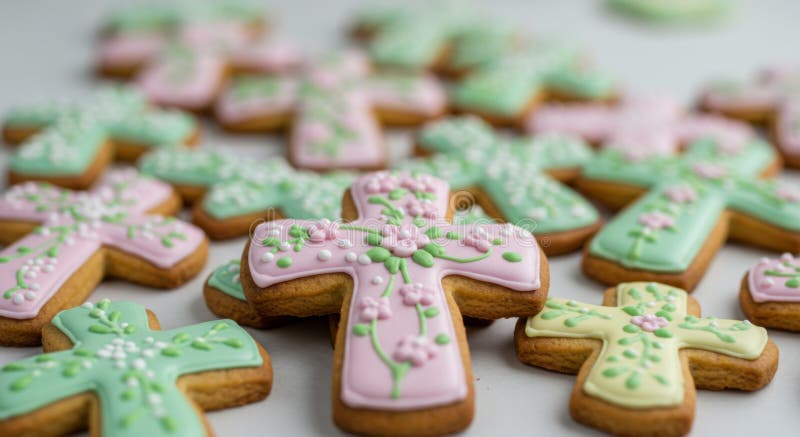 Pastel Cross Shaped Cookies with Floral Icing Stock Illustration ...