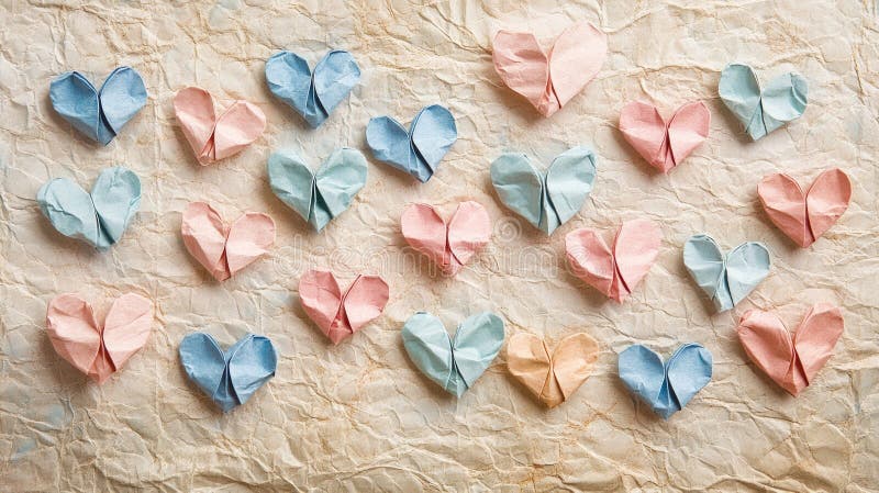 Pastel Crumpled Paper Hearts on Textured Background Stock Illustration ...