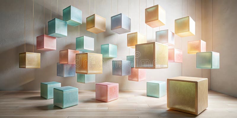 Pastel Cube Installation Suspended and Grounded Geometric Forms in a ...