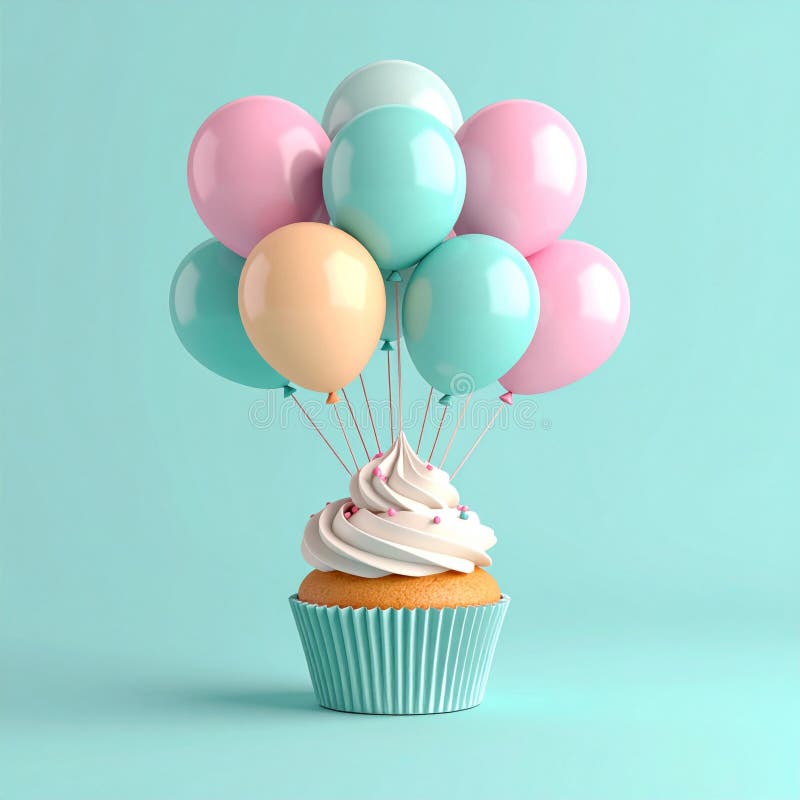 Pastel Cupcakes with Balloons on Aqua Background Stock Illustration - Illustration of cupcake ...